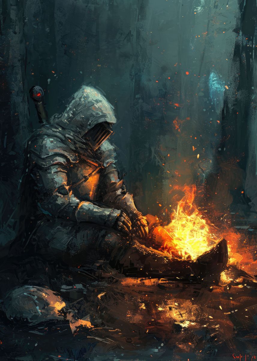 'Knight resting at Bonfire' Poster, picture, metal print, paint by ...