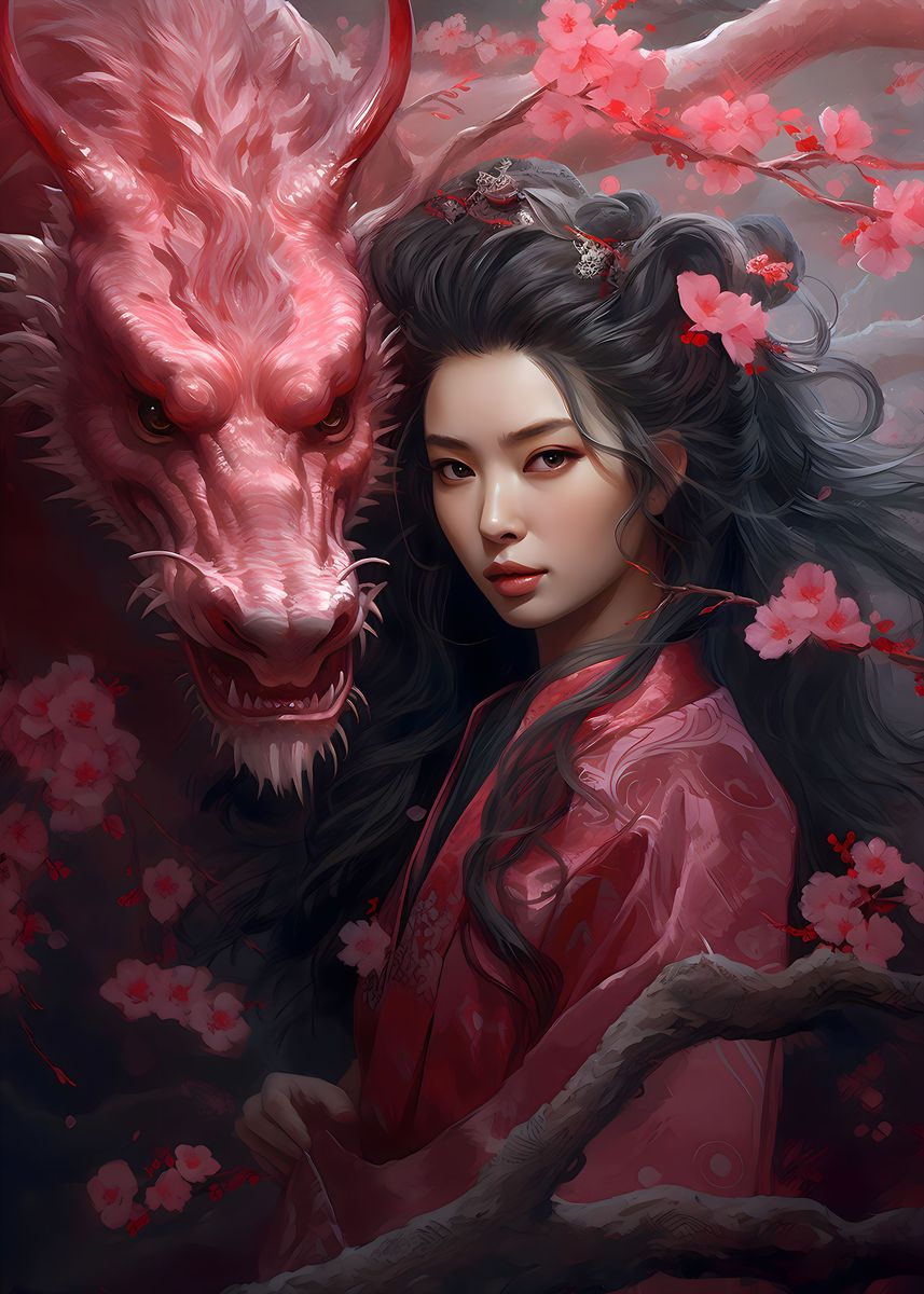 'Geisha Dragon Japanese' Poster, picture, metal print, paint by ...