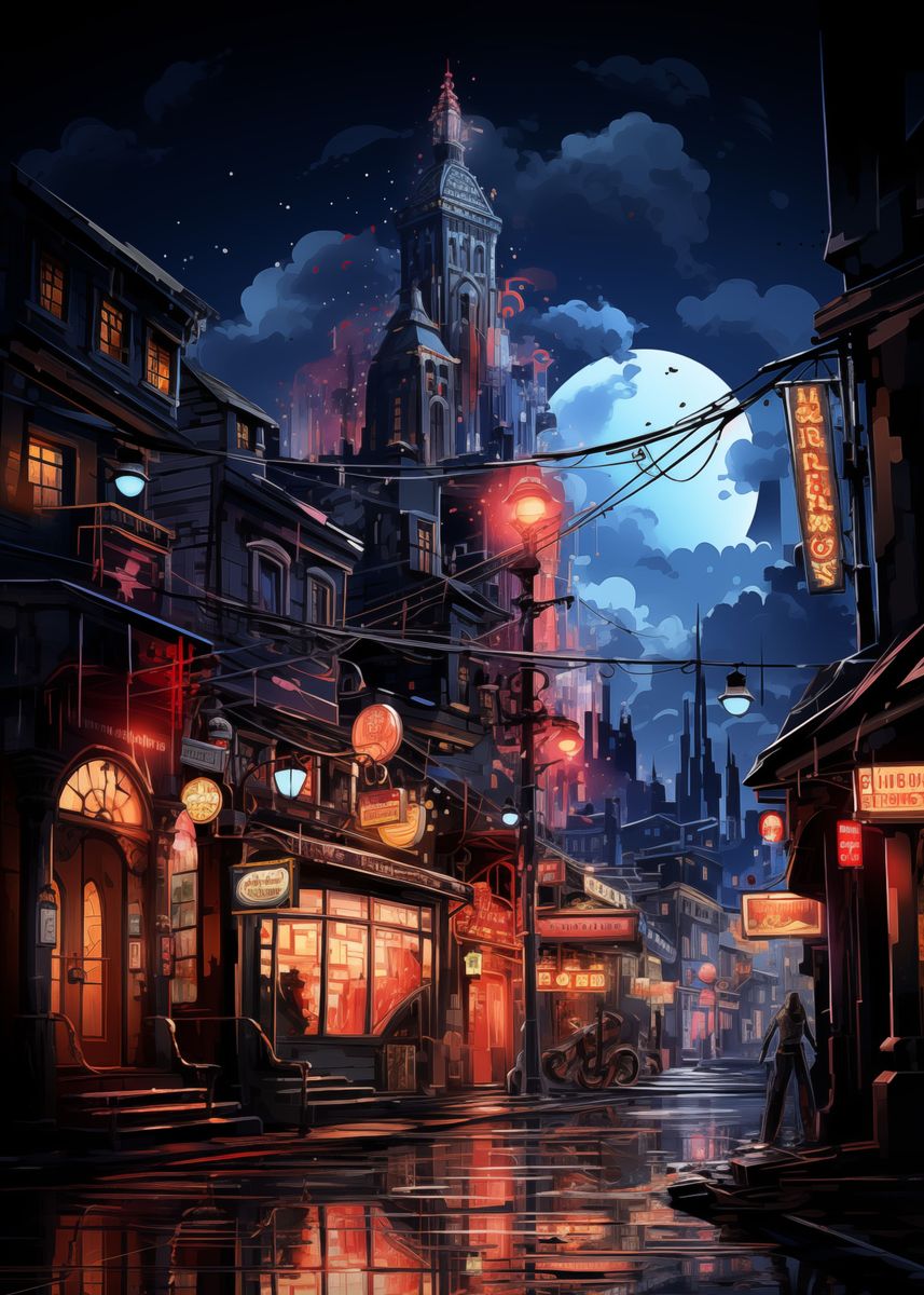 'Abstract Moon Town' Poster, picture, metal print, paint by Yuki | Displate