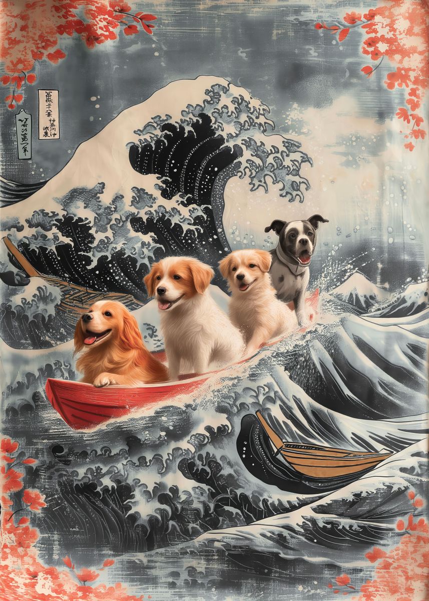 'Cute dogs on Hokusai wave' Poster, picture, metal print, paint by ...