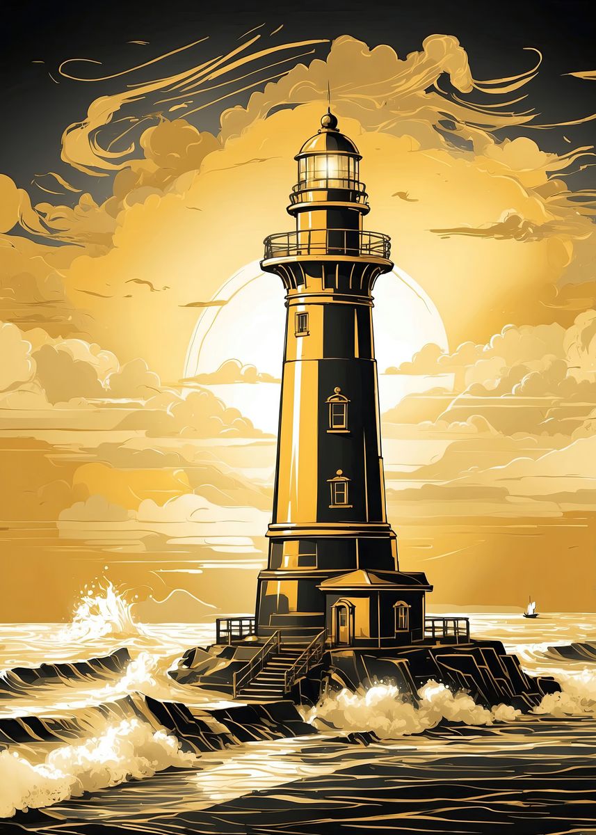 'Golden Lighthouse Serenity' Poster, picture, metal print, paint by ...