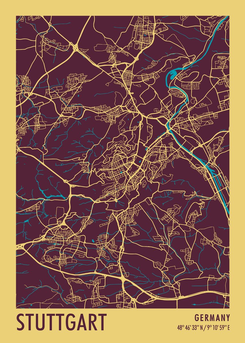 'Stuttgart Map' Poster, picture, metal print, paint by Miracle Studio ...