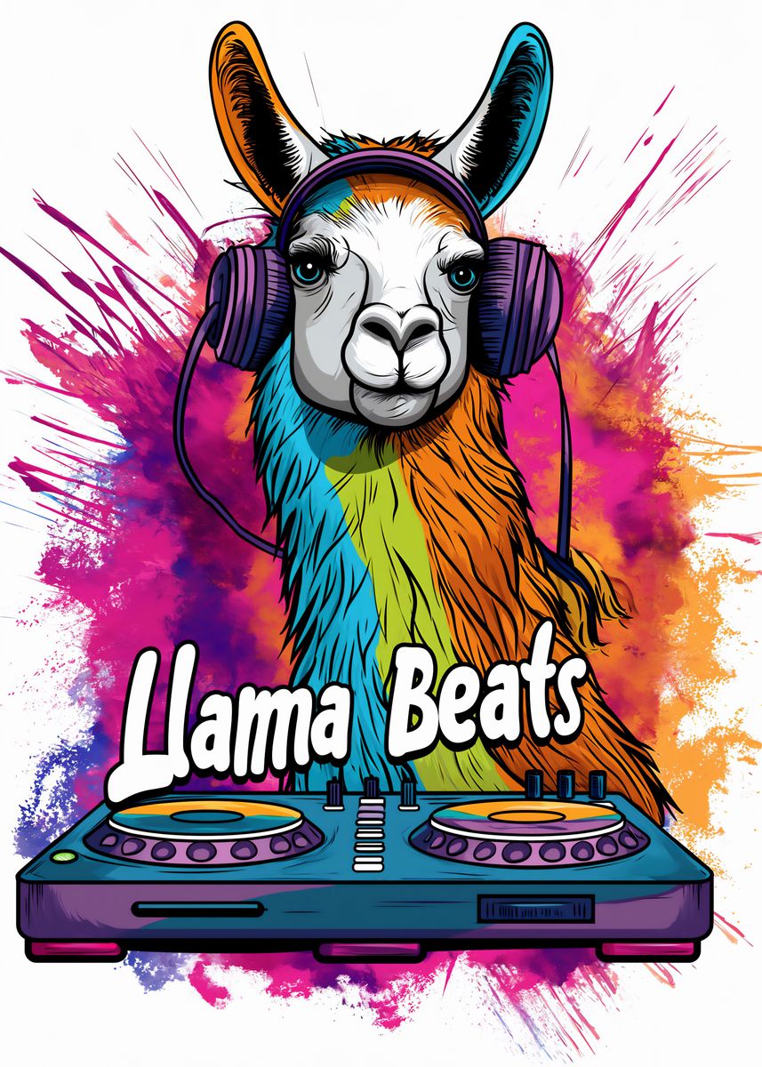 'Llama DJ dropping the beat' Poster, picture, metal print, paint by ...