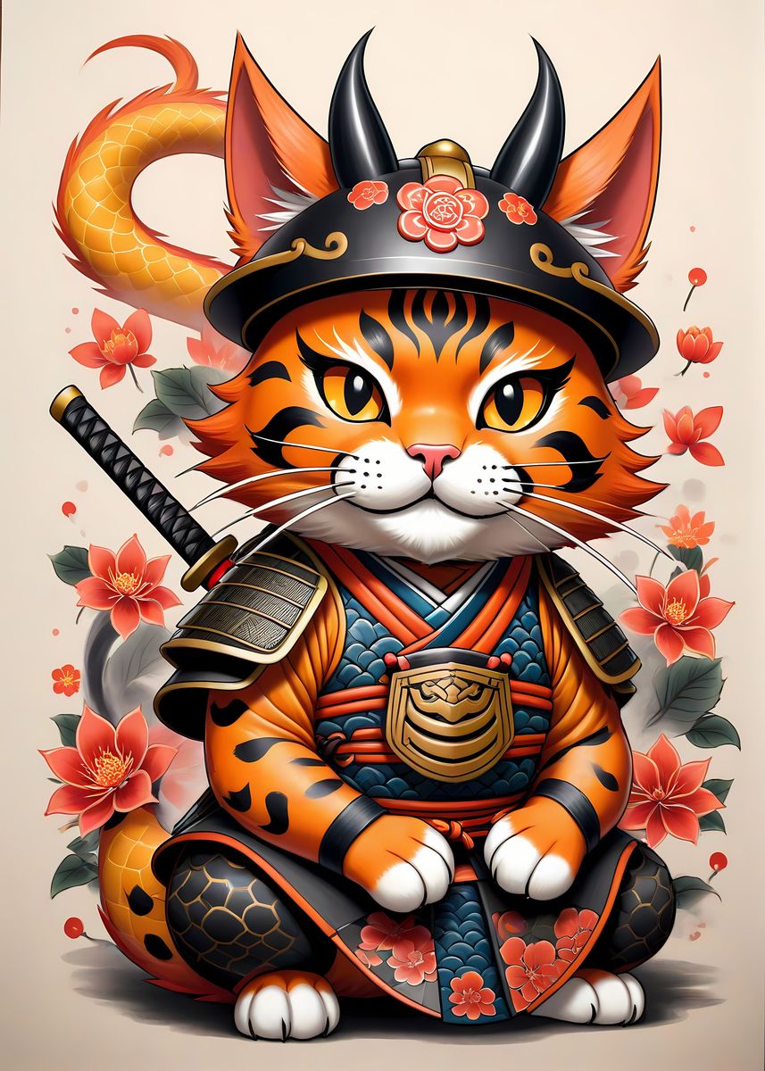 'Samurai Mask Cat' Poster, picture, metal print, paint by Gin Art ...