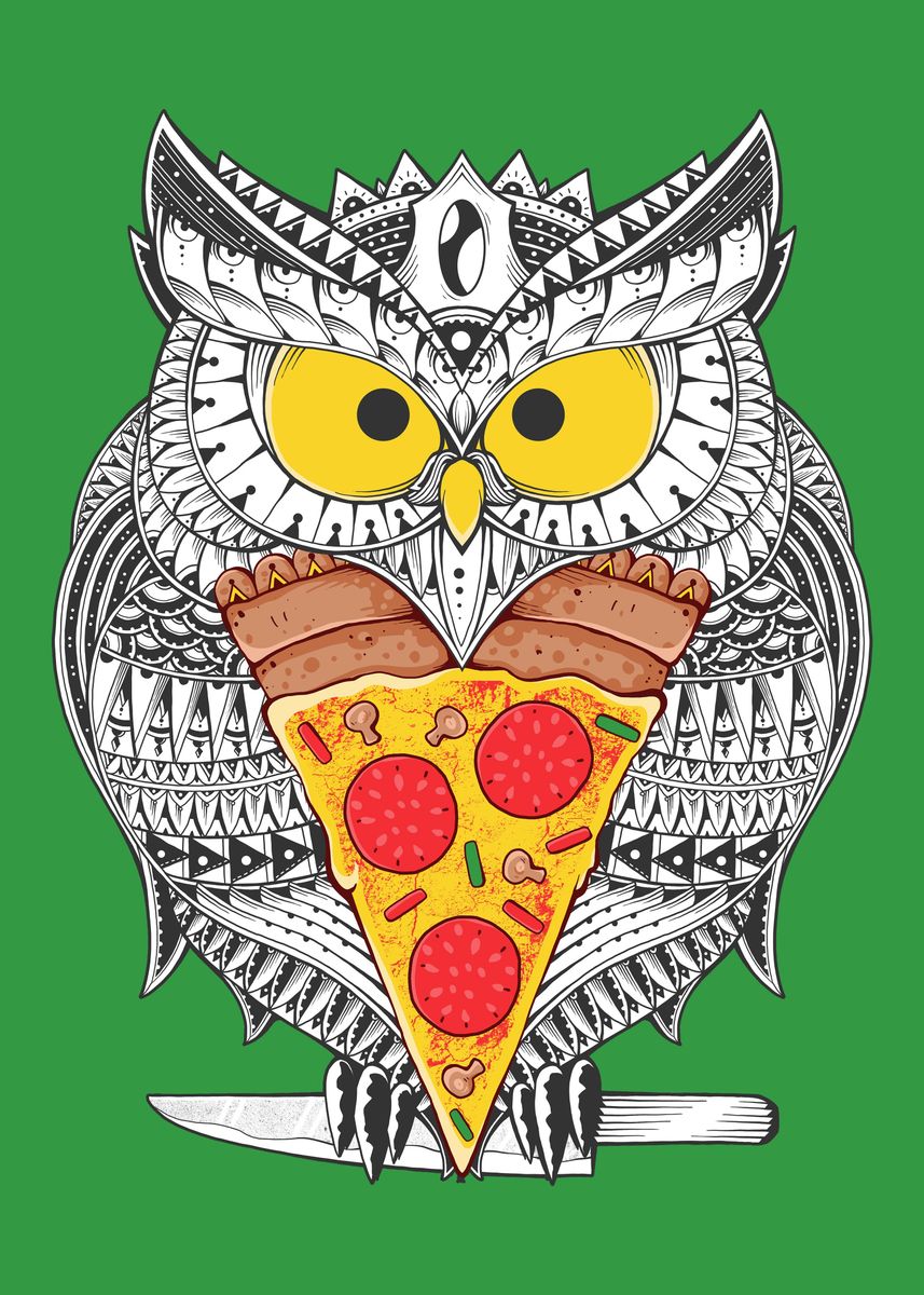 'Owl Pizza' Poster, picture, metal print, paint by Famous City | Displate