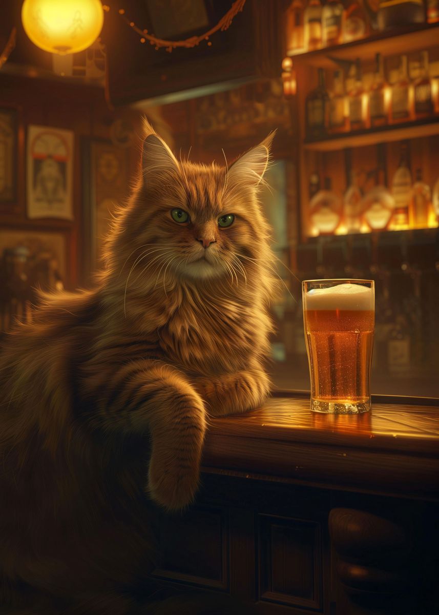 'Cat in Pub with Beer' Poster, picture, metal print, paint by Stefan ...