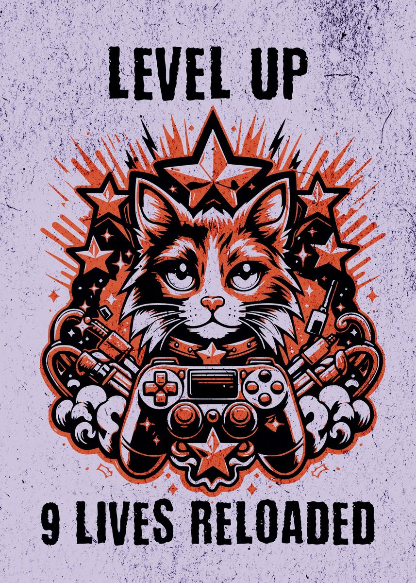 'Cat Gamer Level Up' Poster, picture, metal print, paint by Jovana ...