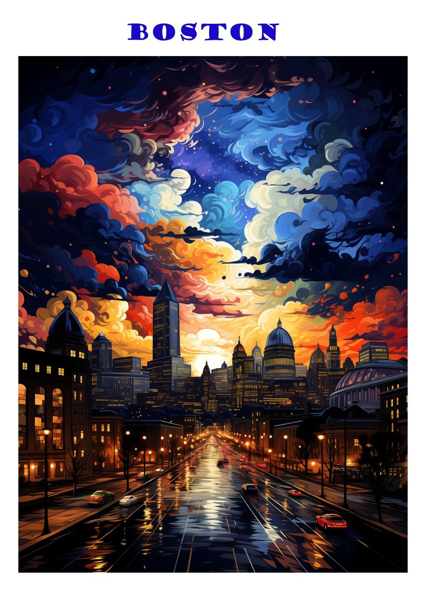 'Neon Boston City at Night' Poster, picture, metal print, paint by ...