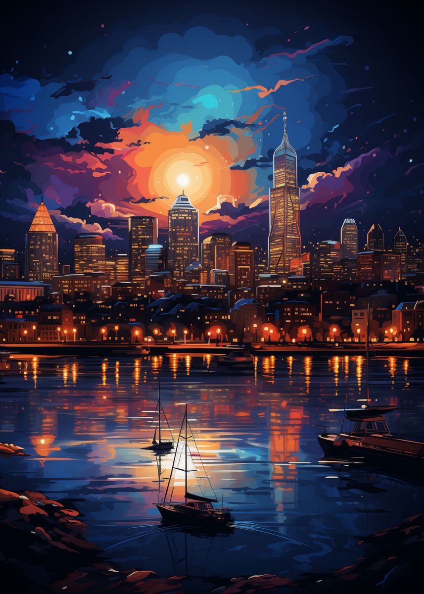 'Neon Boston City at Night' Poster, picture, metal print, paint by ...