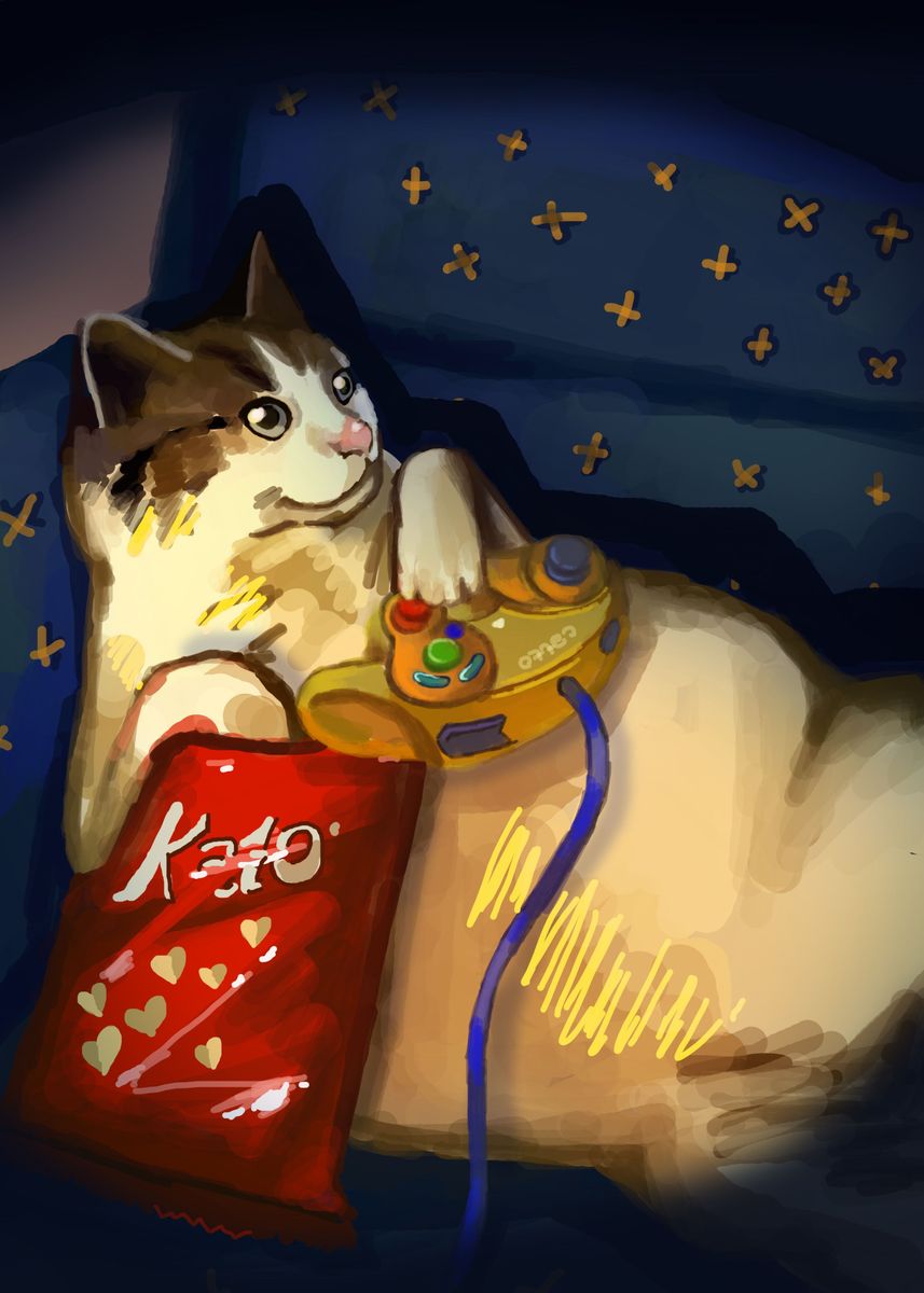 'gamer cat with chips' Poster, picture, metal print, paint by wine age ...