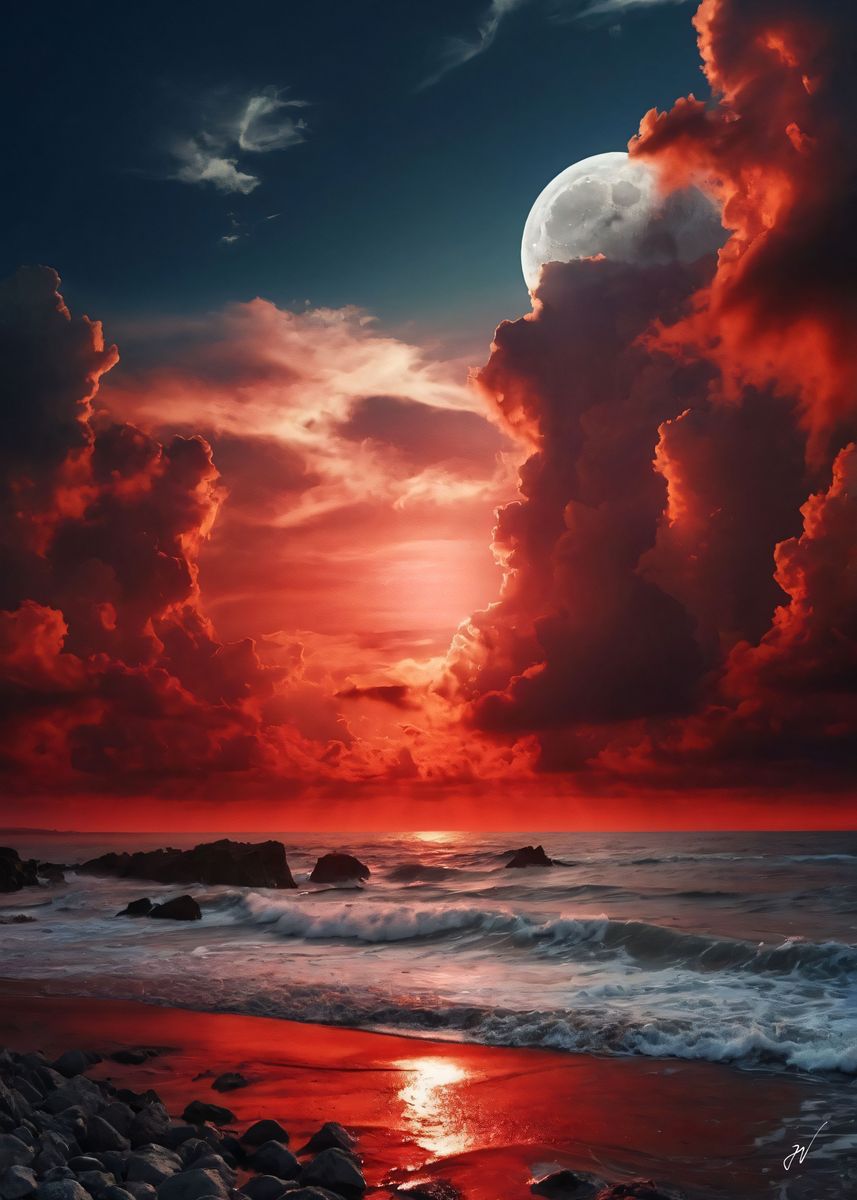 'Red Moonlight Landscape' Poster, picture, metal print, paint by ...