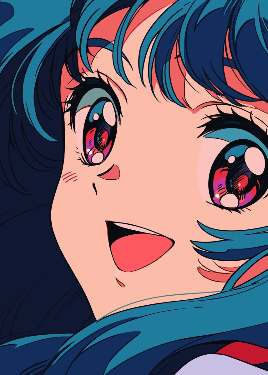 'Blue Hair Anime Girl Retro' Poster, picture, metal print, paint by ...