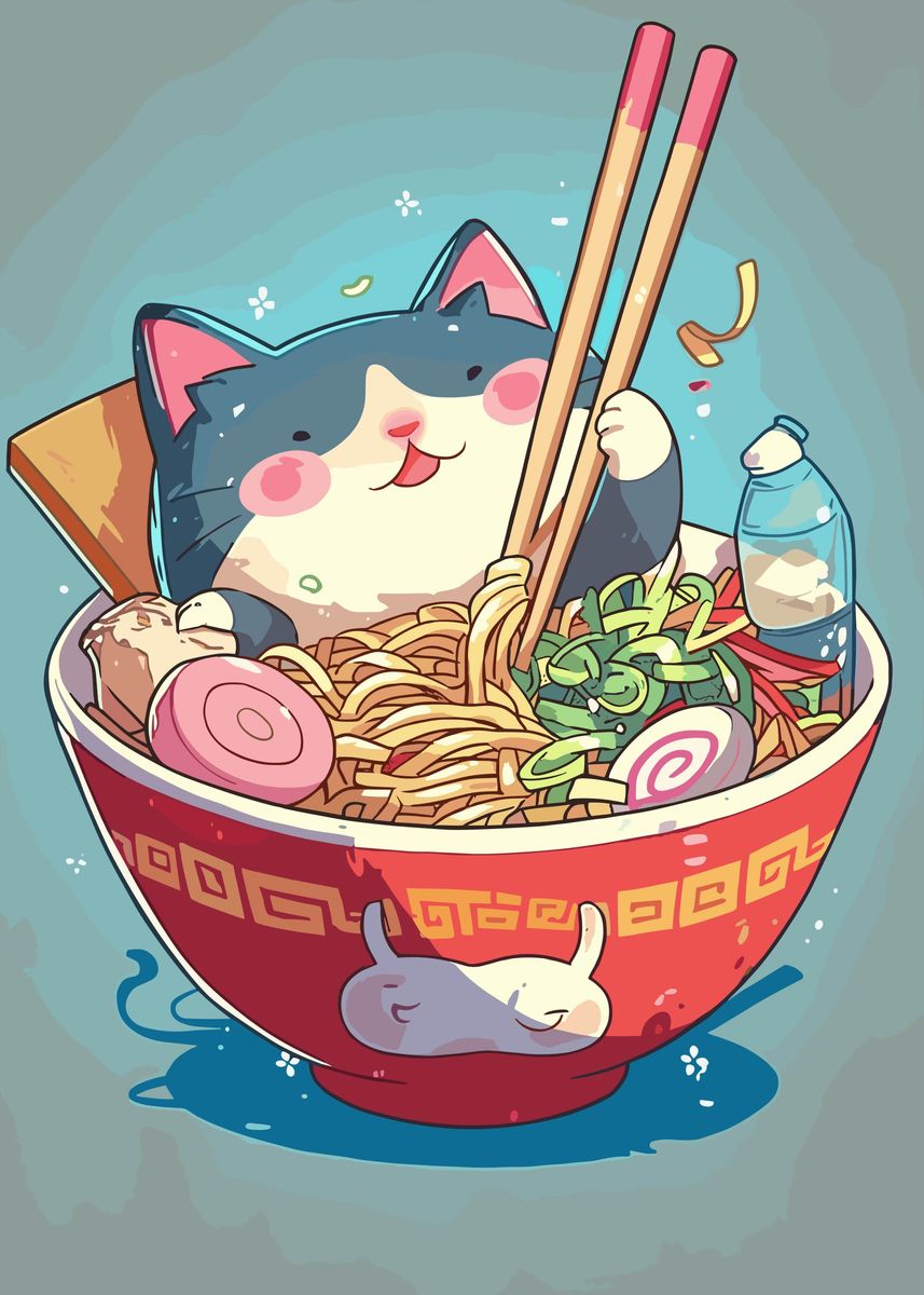 'Cute Anime Ramen Cat' Poster, picture, metal print, paint by ...