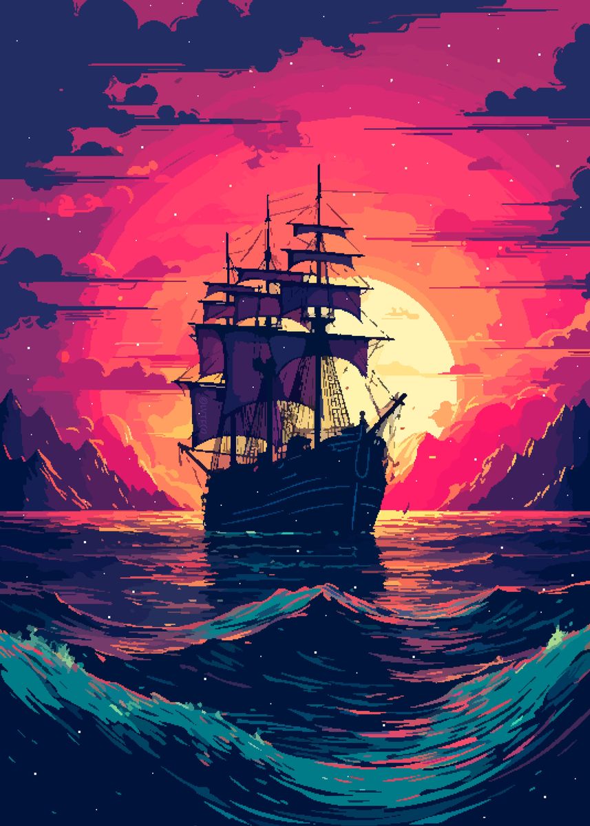 'Night Ship Synth Pixel Art' Poster, picture, metal print, paint by ...