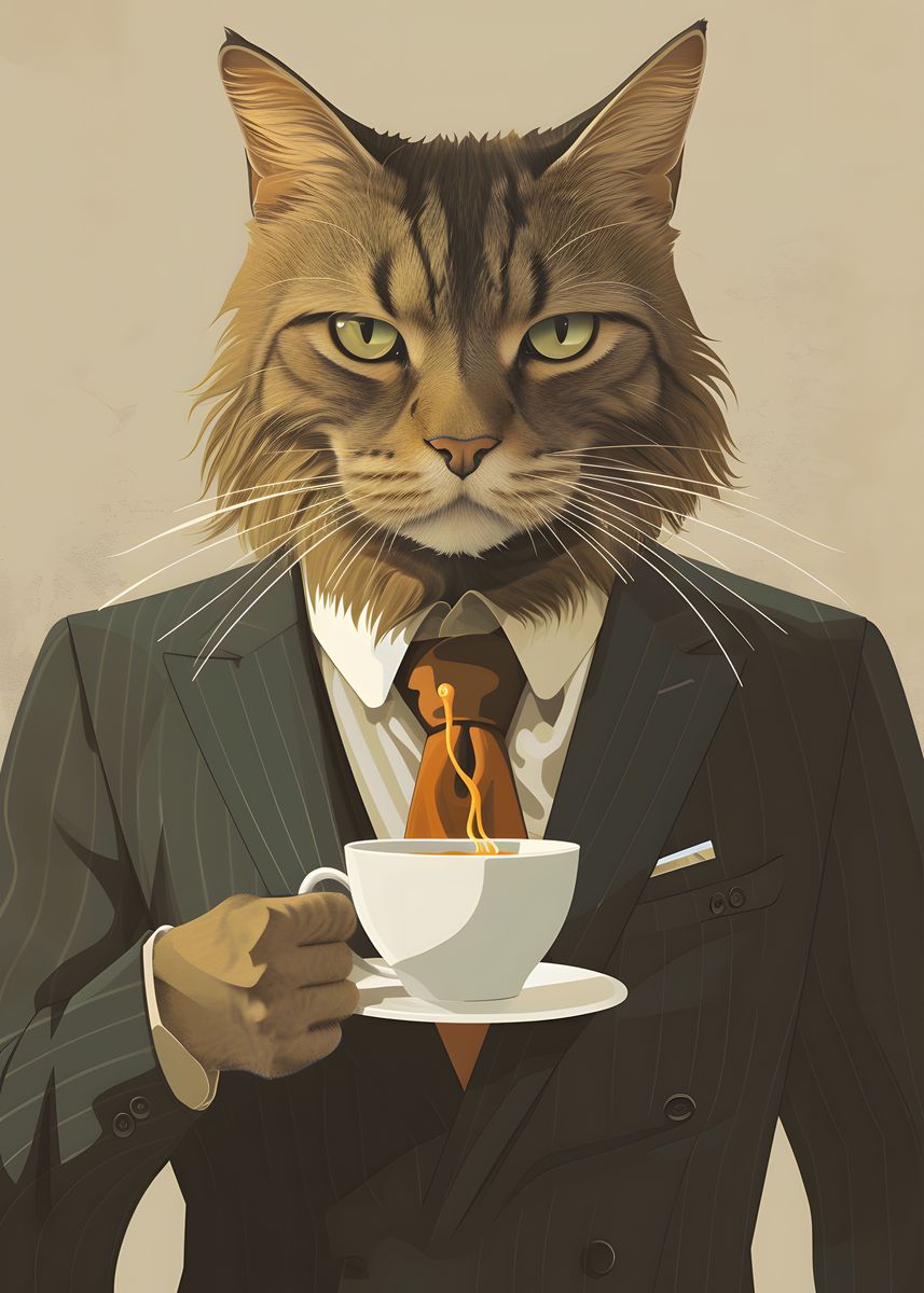 'Cat Morning Coffee Vintage' Poster, picture, metal print, paint by ...