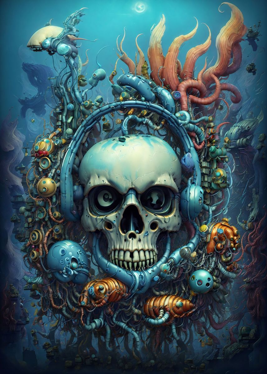 'Bio Punk Music Skull Water' Poster, picture, metal print, paint by ...