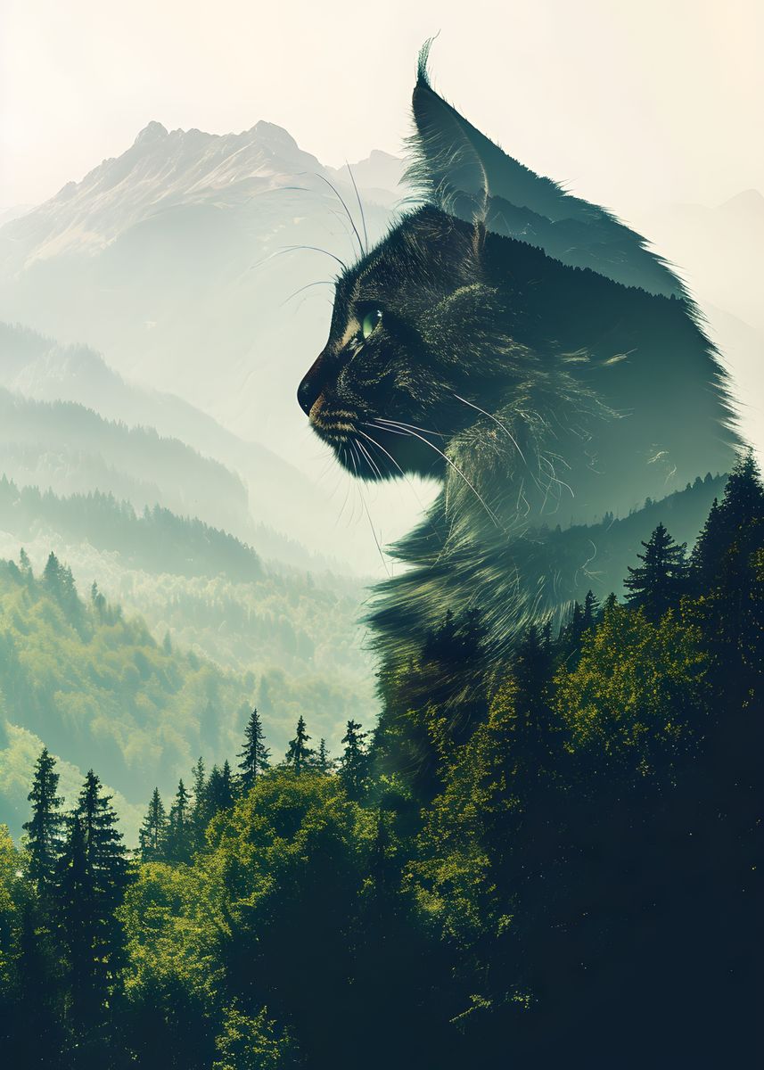 'Cat Double Exposure Nature' Poster, picture, metal print, paint by ...