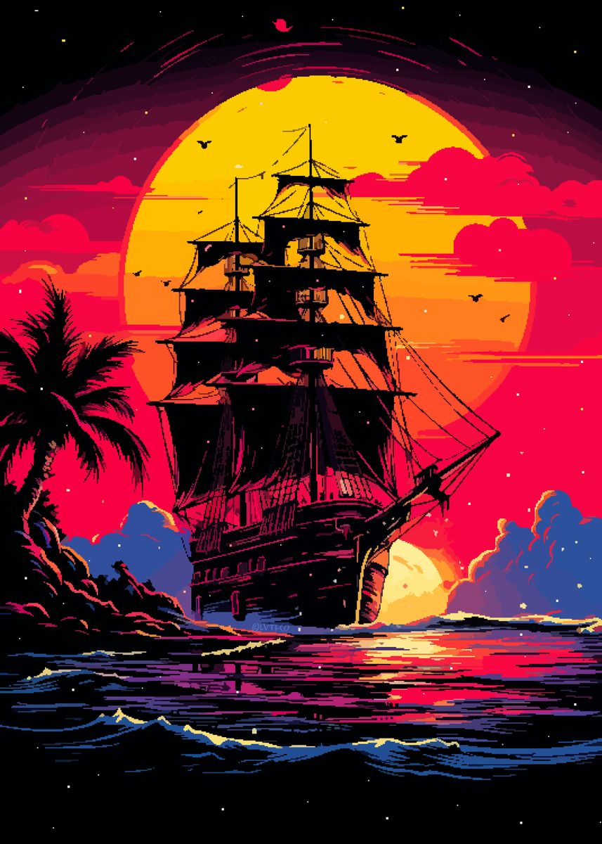'Retro Synth Ship Pixel Art' Poster, picture, metal print, paint by ...