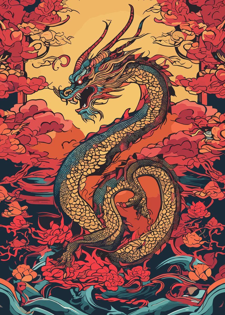 'Kaiju Dragon Kanagawa Wave' Poster, picture, metal print, paint by ...