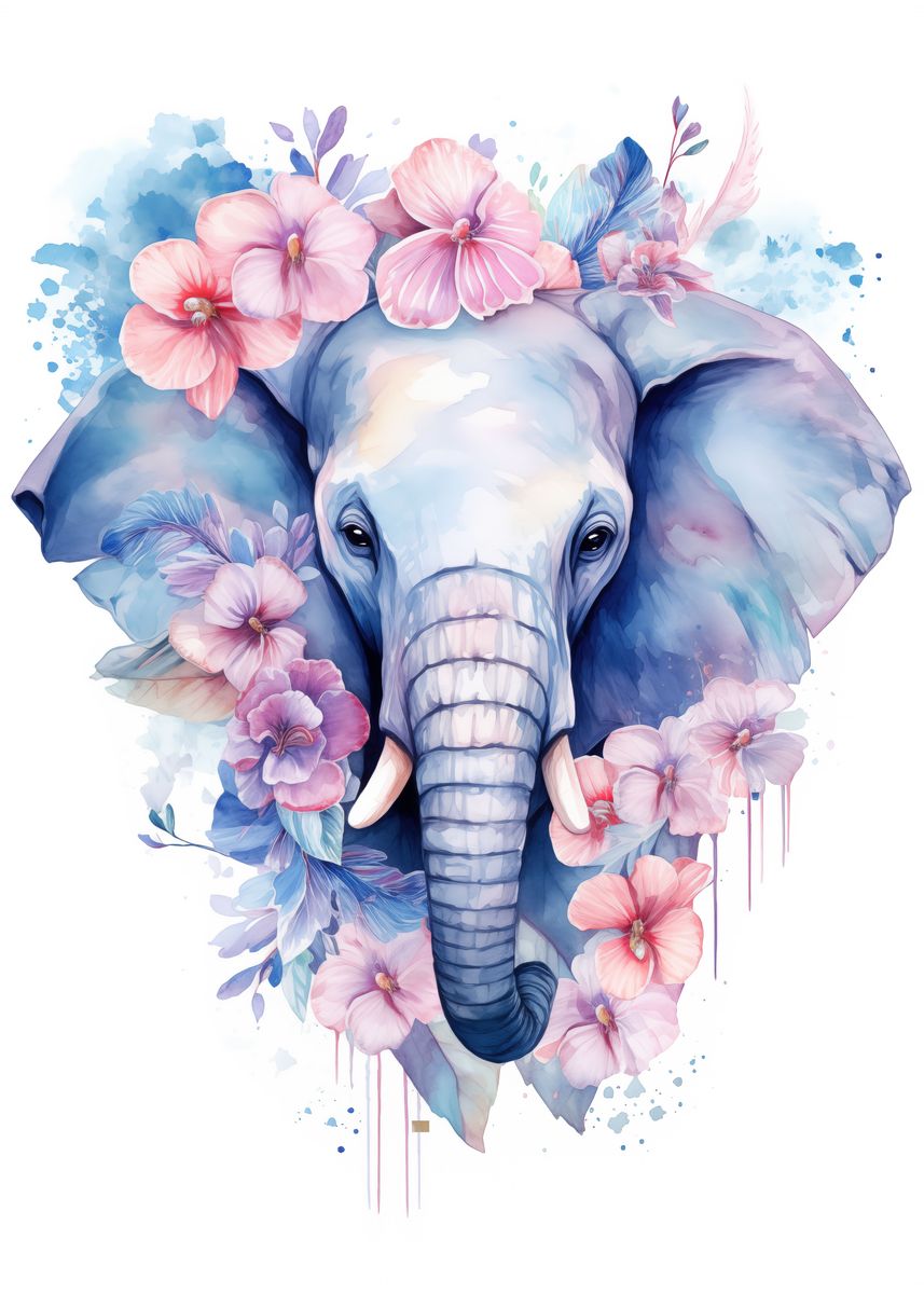 'Elephant with Flowers' Poster, picture, metal print, paint by Ben ...