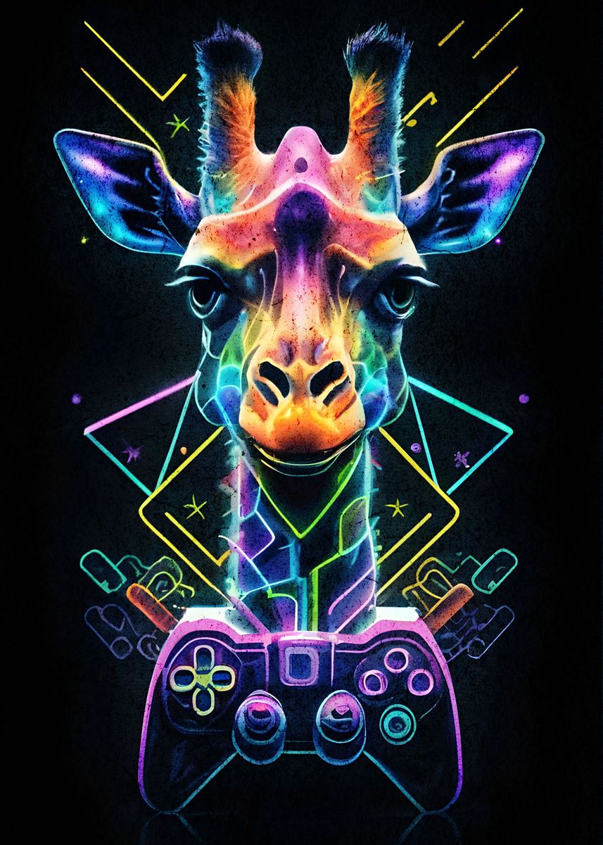 'Cool Gamer Giraffe Neon' Poster, picture, metal print, paint by Jovana ...