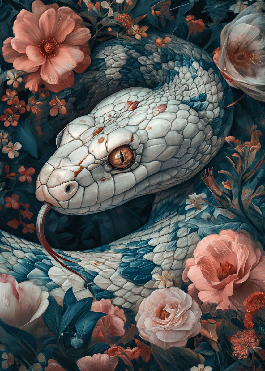 'white snake in flower' Poster, picture, metal print, paint by Adel S ...