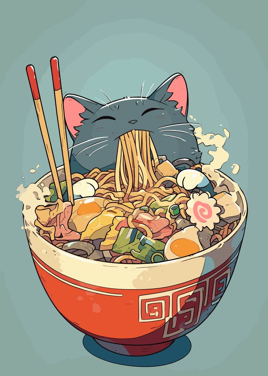 'Ramen Noodle Anime Cat' Poster, picture, metal print, paint by ...