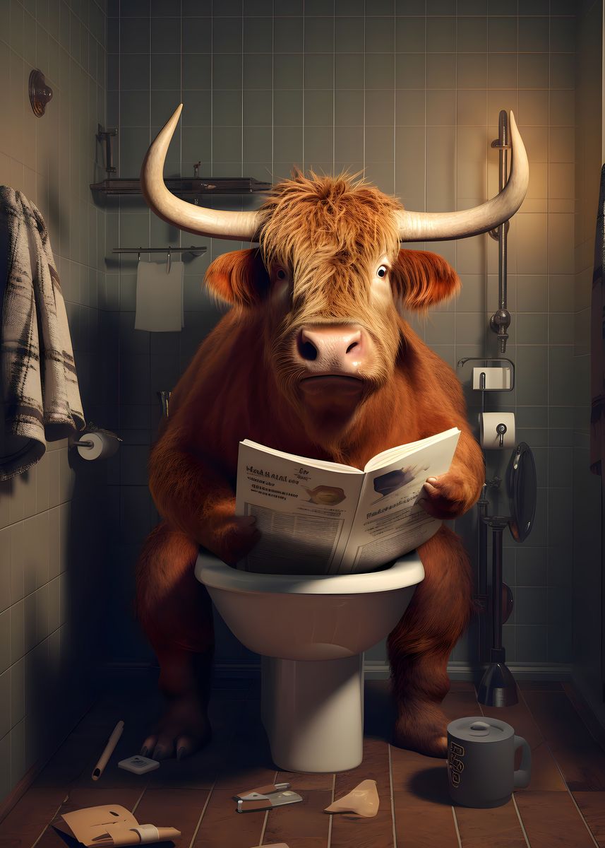 'Highland Cow on the Toilet' Poster, picture, metal print, paint by ...