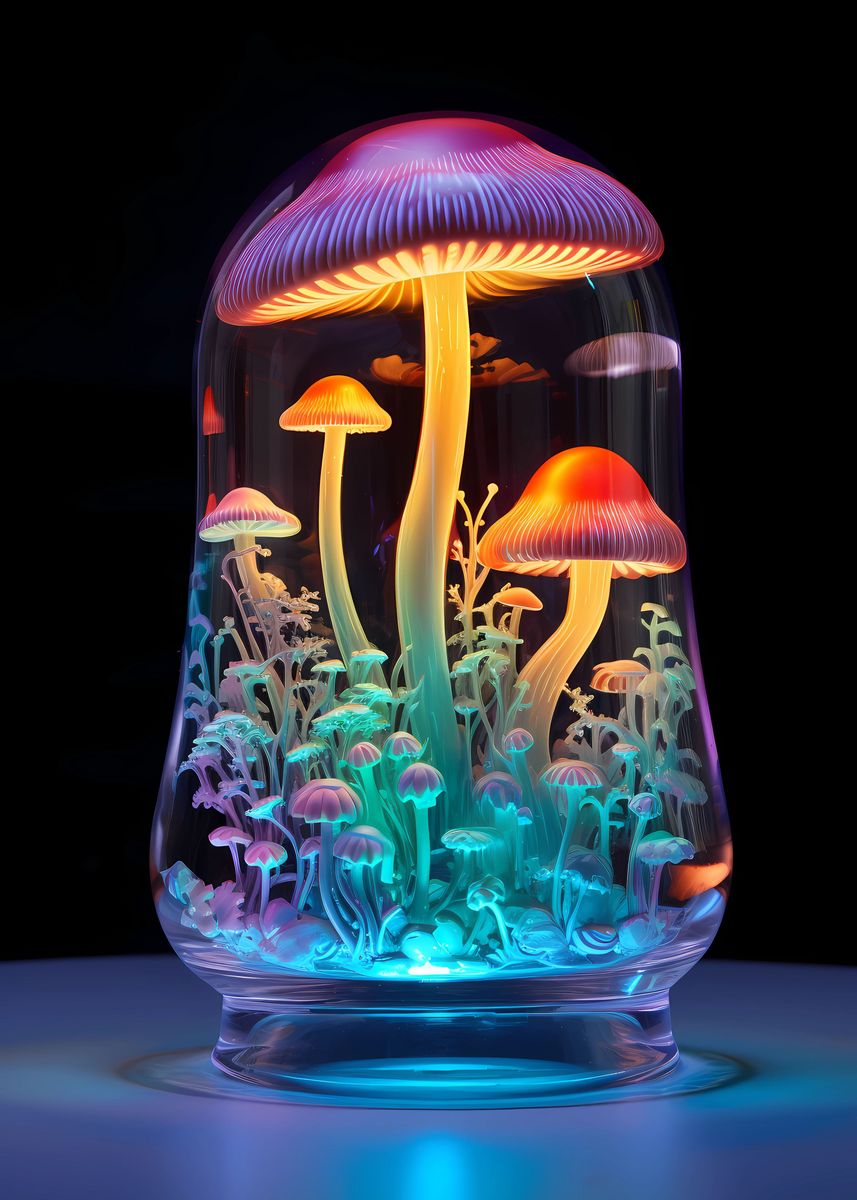 'Neon Fungi' Poster, picture, metal print, paint by AI and ME | Displate