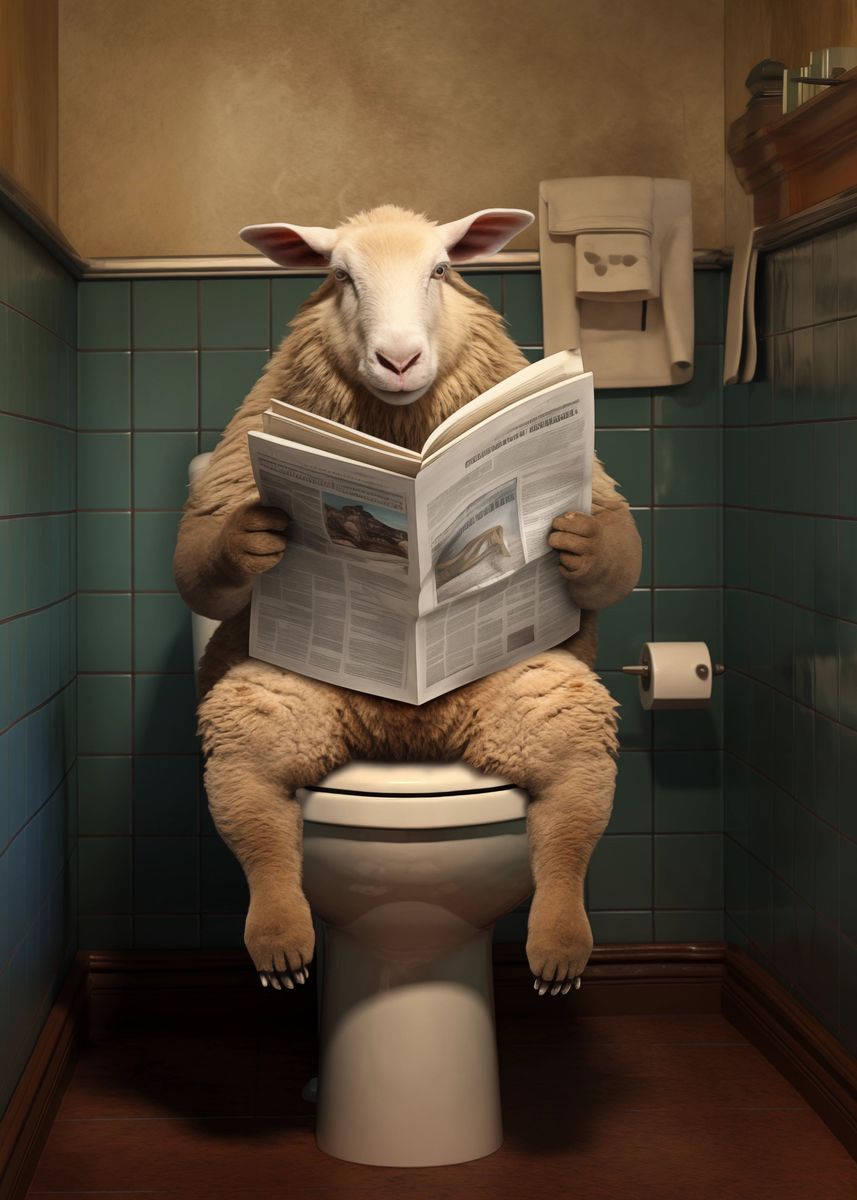 'Sheep on Toilet Newspaper' Poster, picture, metal print, paint by ...