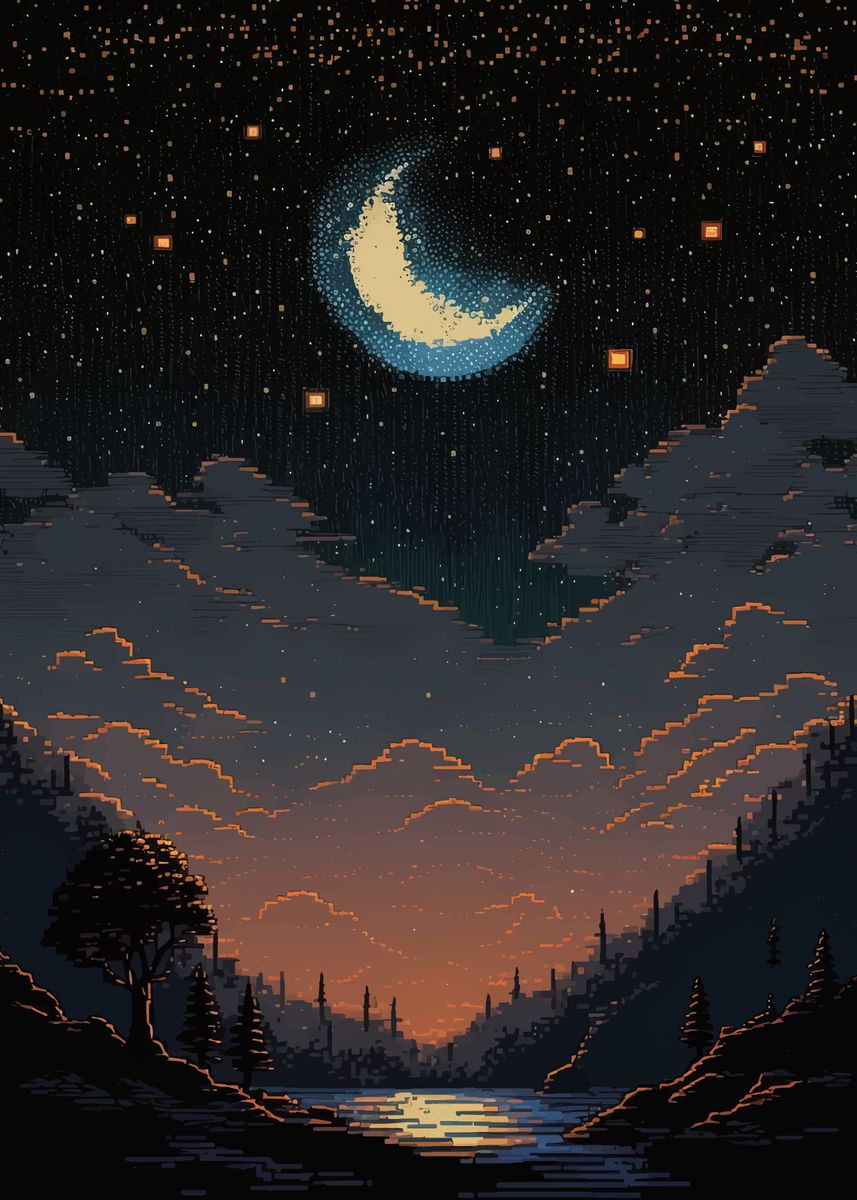 'beauty moon pixel art' Poster, picture, metal print, paint by Bernard ...