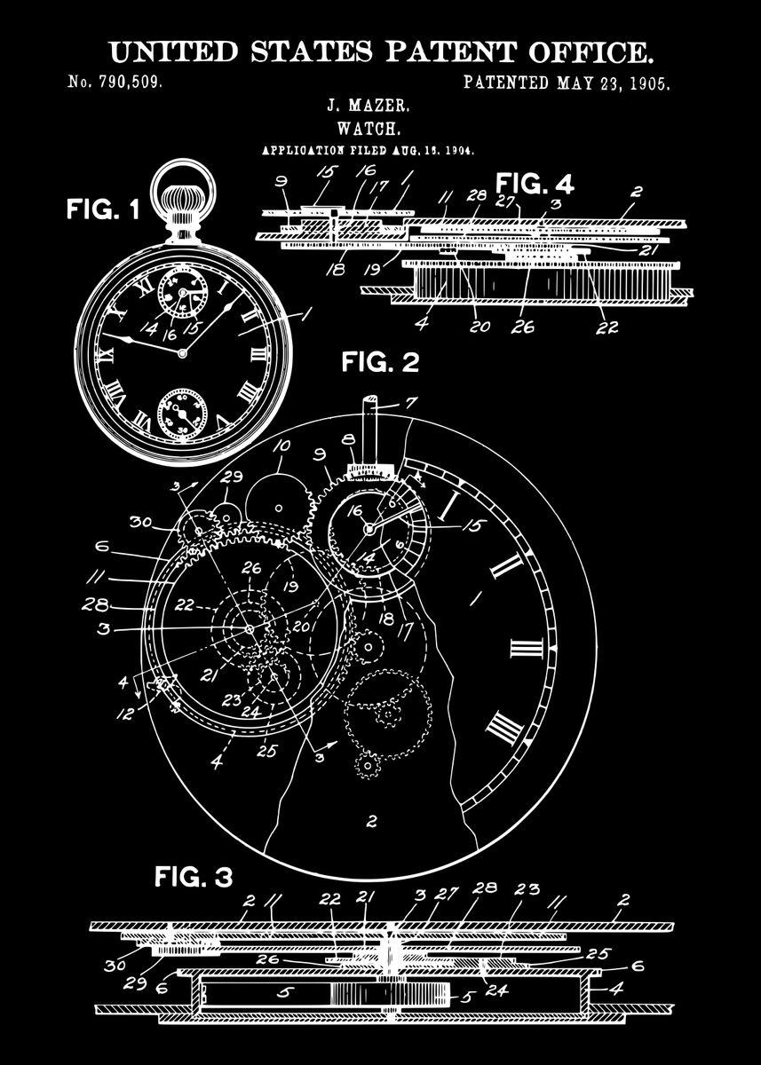 'Pocket watch patent' Poster, picture, metal print, paint by Sam Kal ...