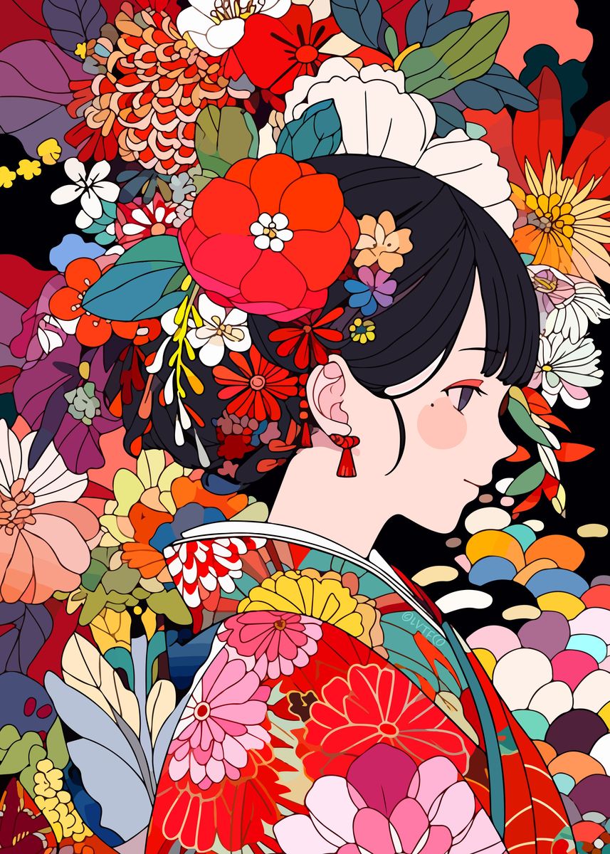 'Kimono Pattern Girl Anime' Poster, picture, metal print, paint by ...