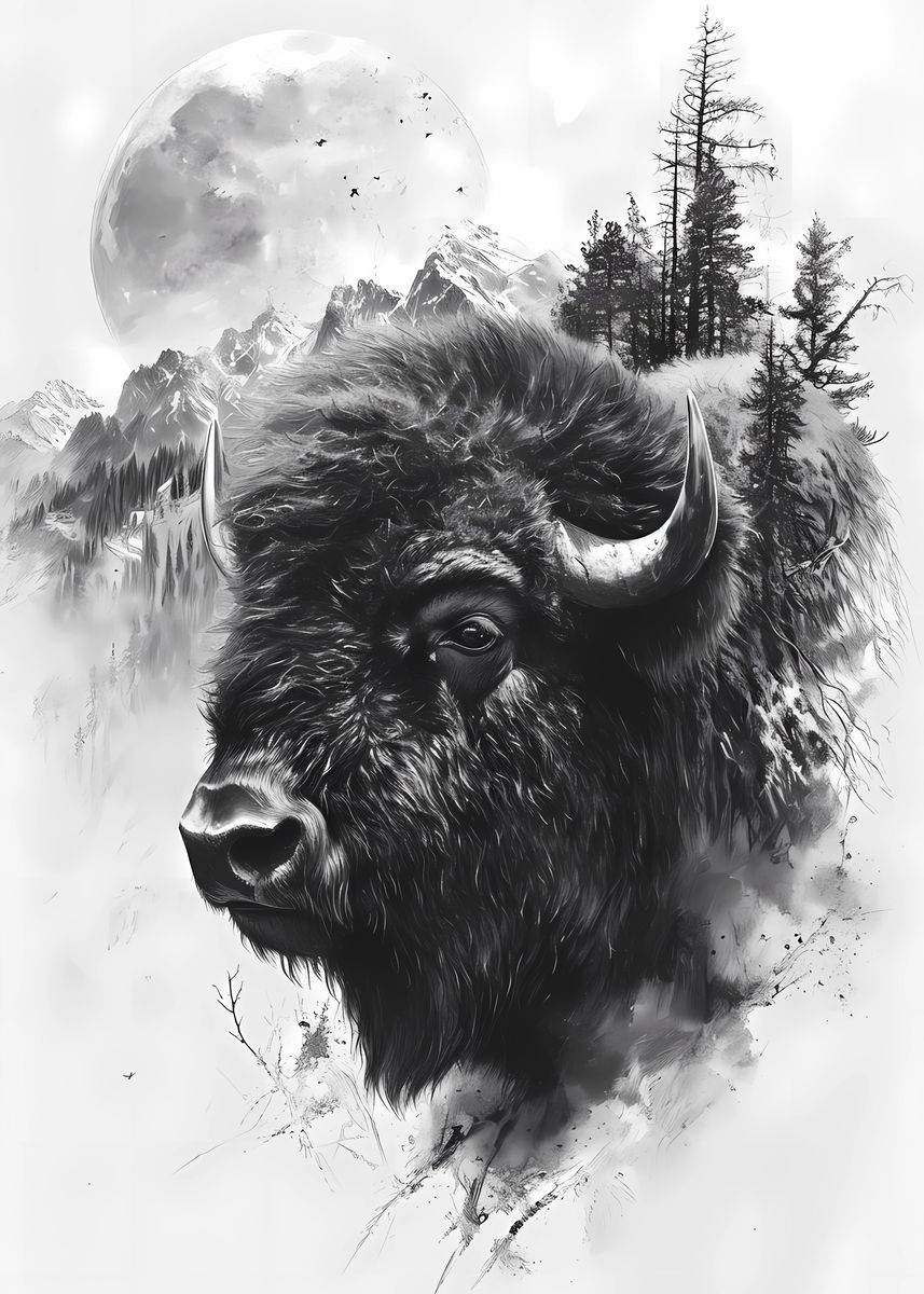 'Bison Double Exposure Moon' Poster, picture, metal print, paint by ...