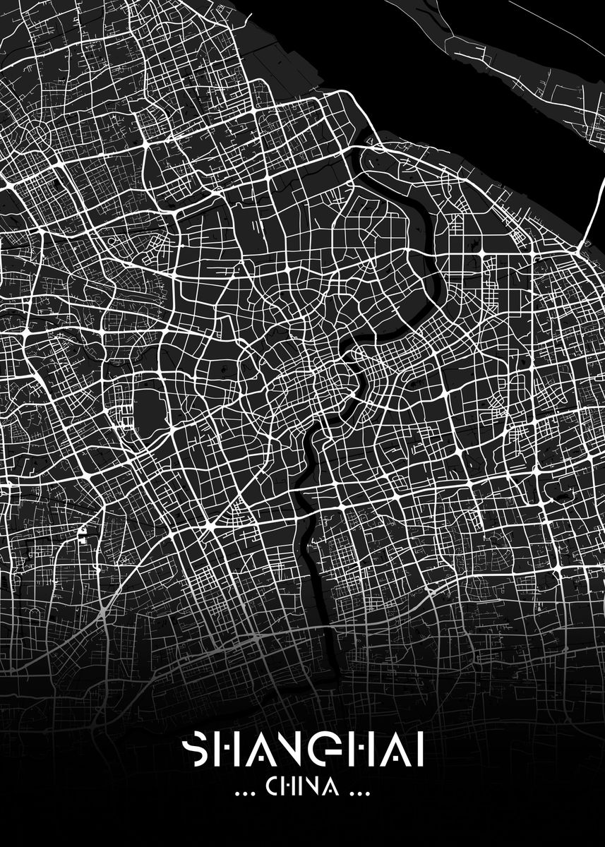 'Shanghai City Map Black' Poster, picture, metal print, paint by EL ...