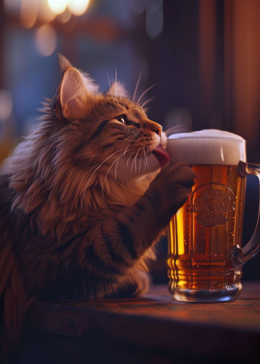 'Cat With Beer' Poster, picture, metal print, paint by Alisson | Displate