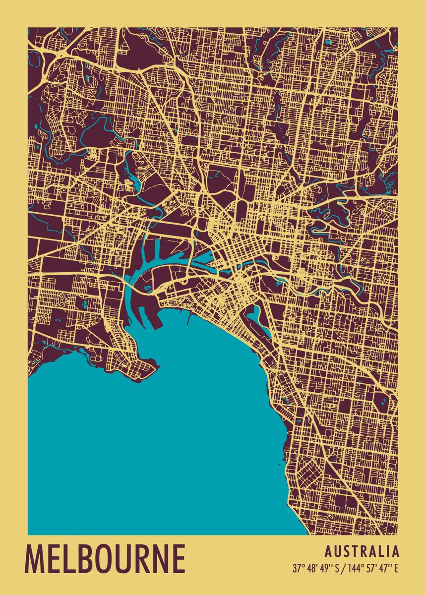 'Melbourne Vintage Map' Poster, picture, metal print, paint by Miracle ...