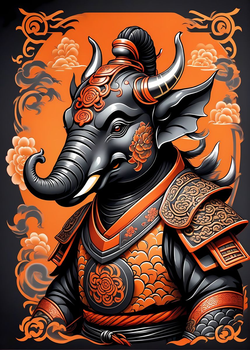 'Samurai Mask Elephant' Poster, picture, metal print, paint by Gin Art ...