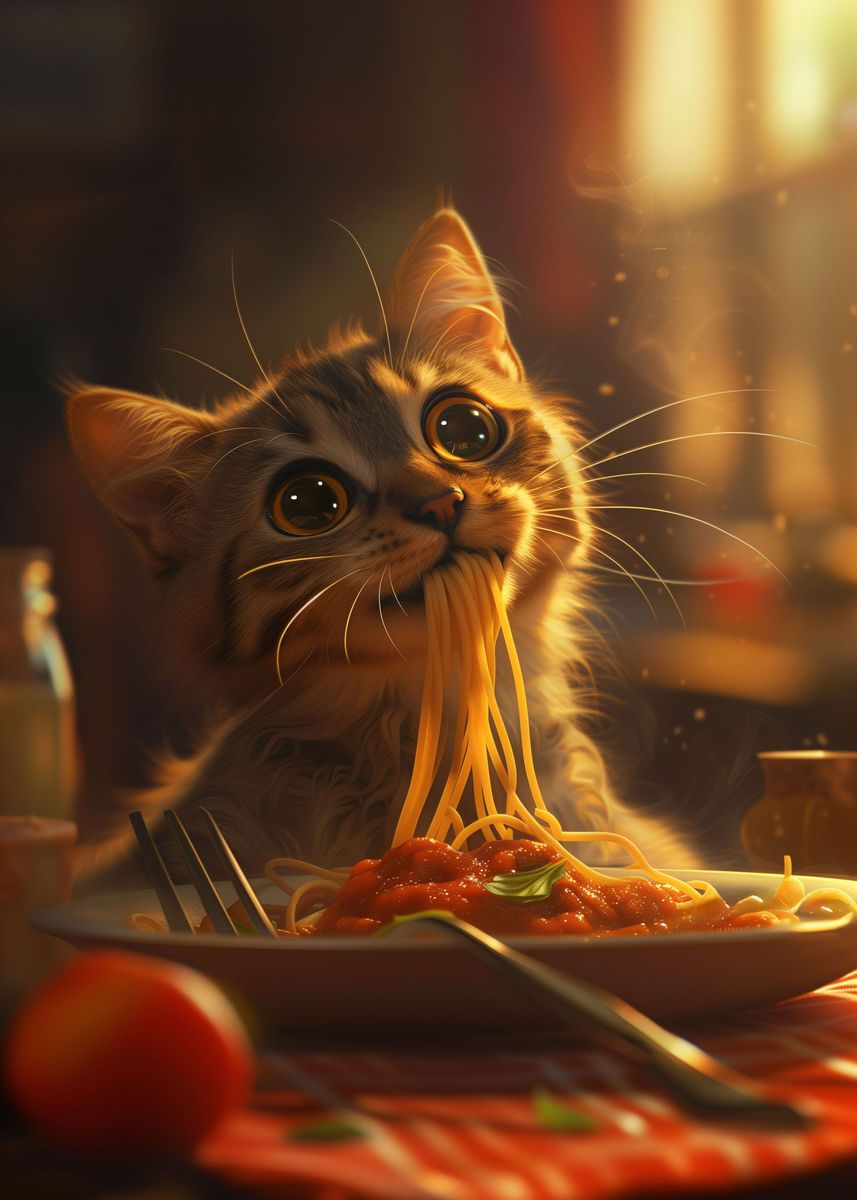 'Kitty eating Spaghetti' Poster, picture, metal print, paint by Stefan ...