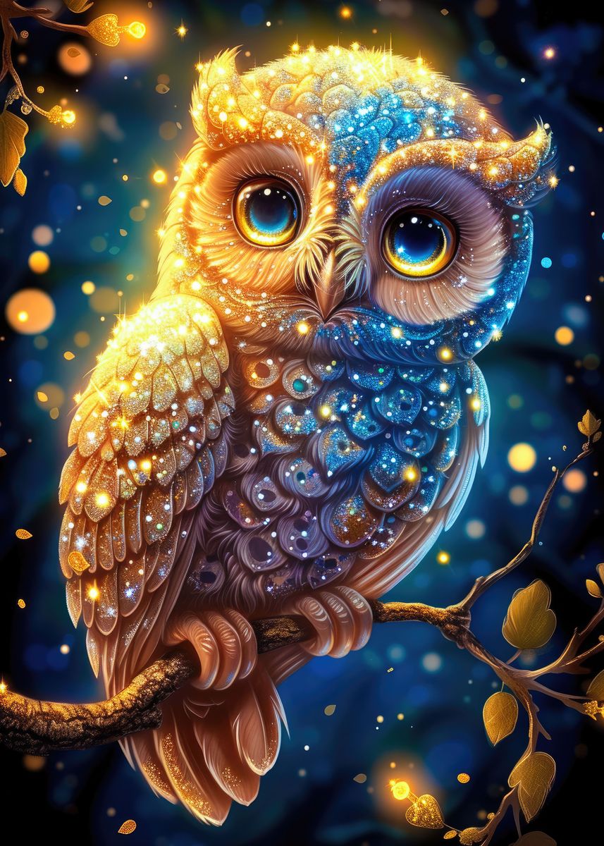 'Magical Cute Glitter Owl 1' Poster, picture, metal print, paint by ...