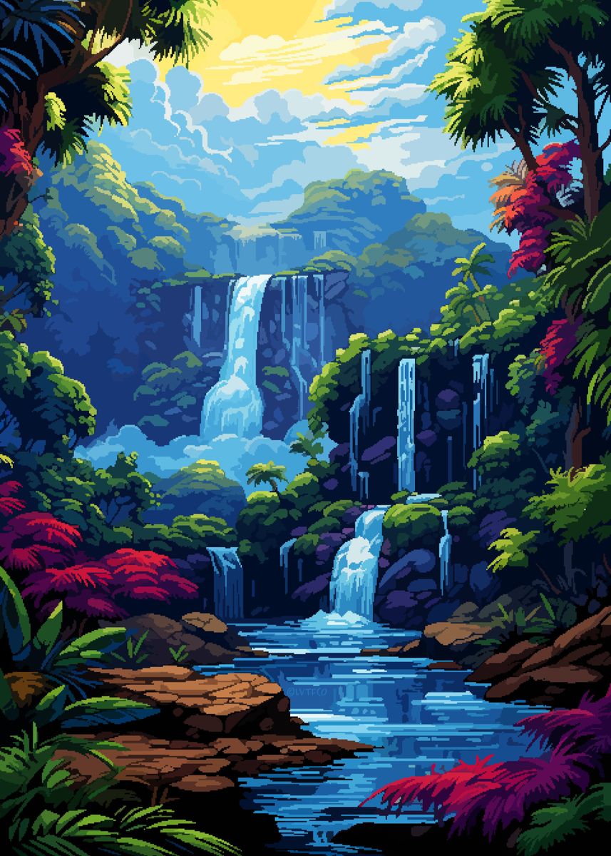 'Retro Pixel Art Waterfall' Poster, picture, metal print, paint by ...
