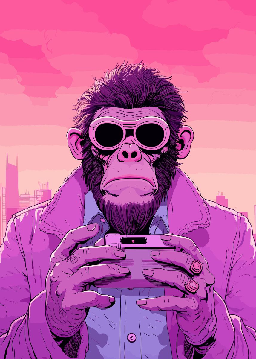 'Monkey Pink Retro' Poster, picture, metal print, paint by Ray Mason ...