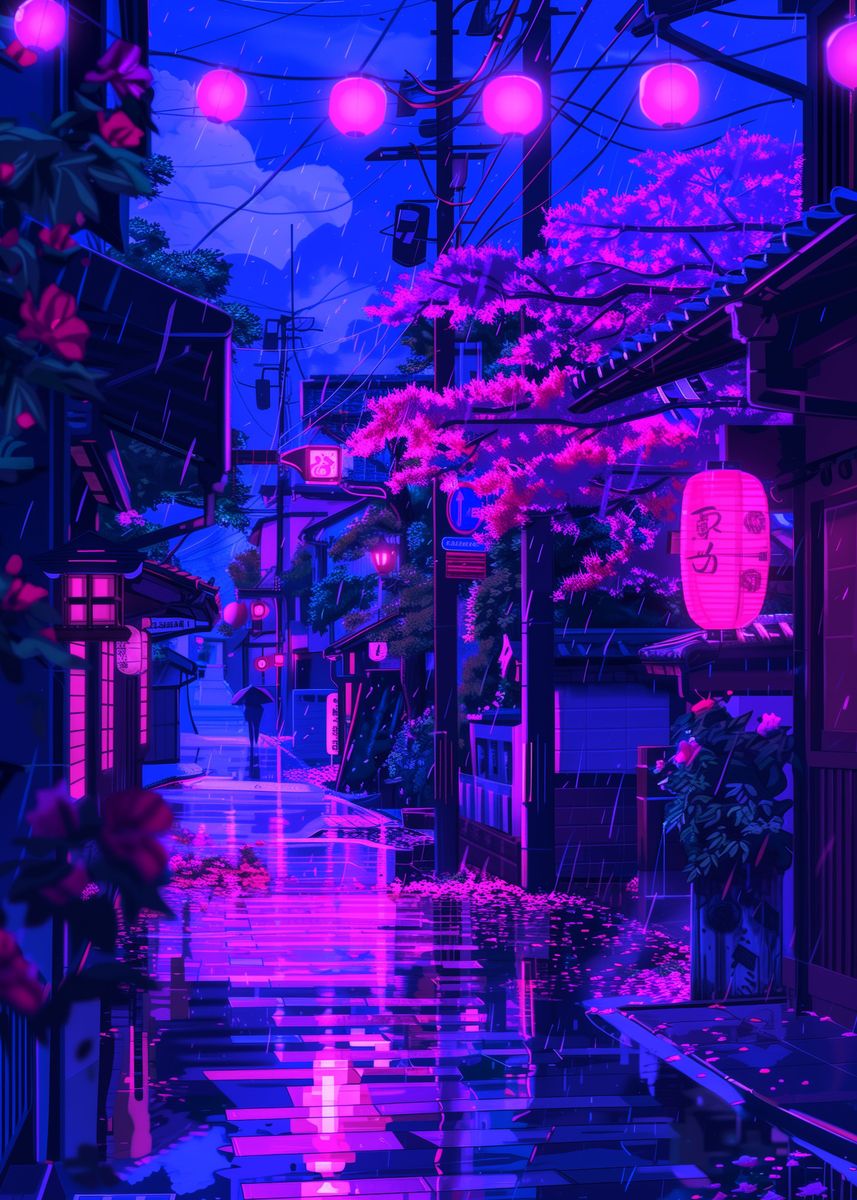 'Japanese neon street anime' Poster, picture, metal print, paint by ...