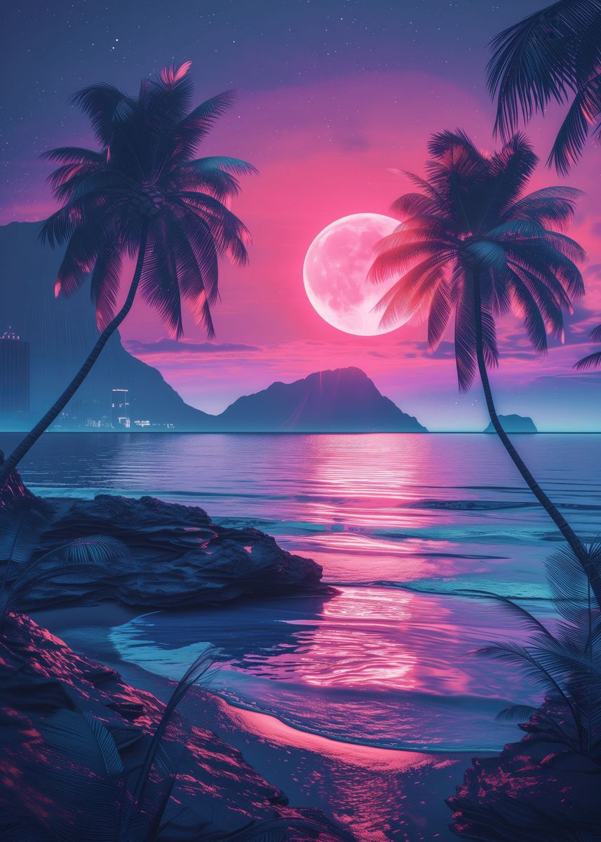 'Synthwave Beach Scenery' Poster, picture, metal print, paint by Ilyrin ...