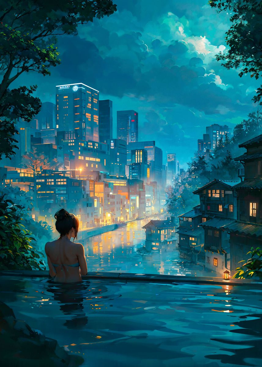 'Waterfront Onsen' Poster, picture, metal print, paint by Ann Havbo ...