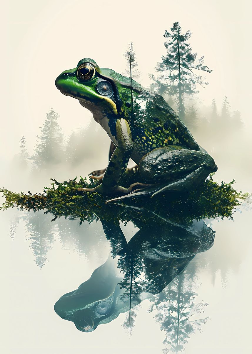 'Frog Double Exposure Lake' Poster, picture, metal print, paint by ...
