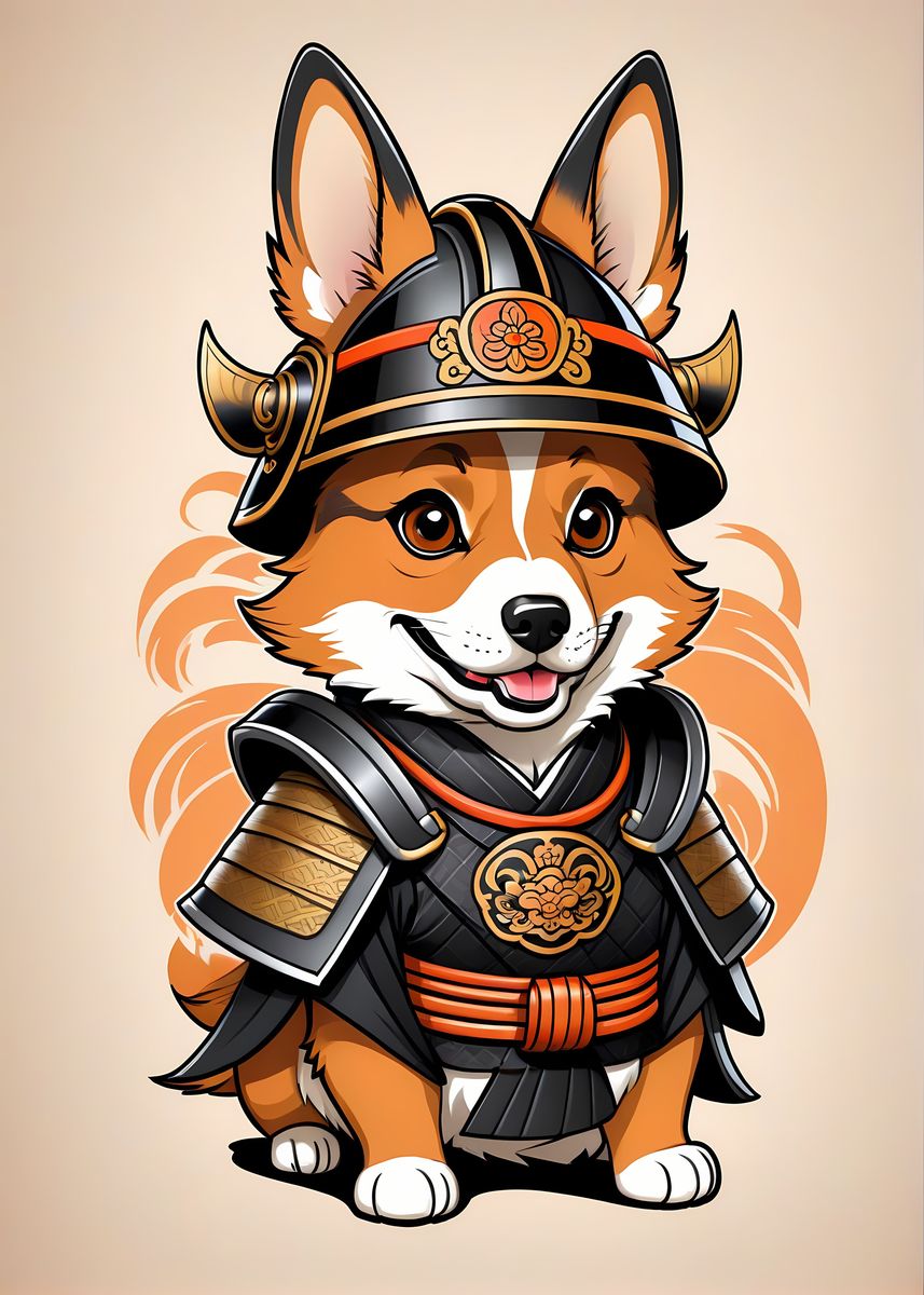 'Samurai Corgi' Poster, picture, metal print, paint by Gin Art | Displate