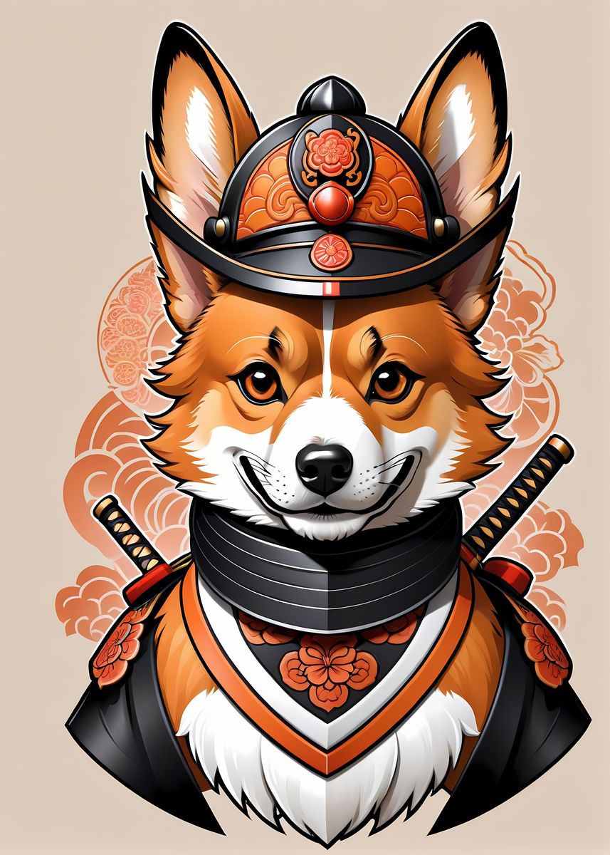 'Samurai Corgi' Poster, picture, metal print, paint by Gin Art | Displate