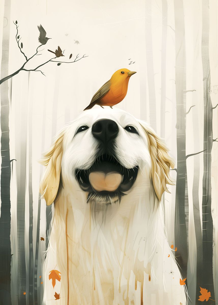'Happy Dog with Bird' Poster, picture, metal print, paint by AI and ME ...