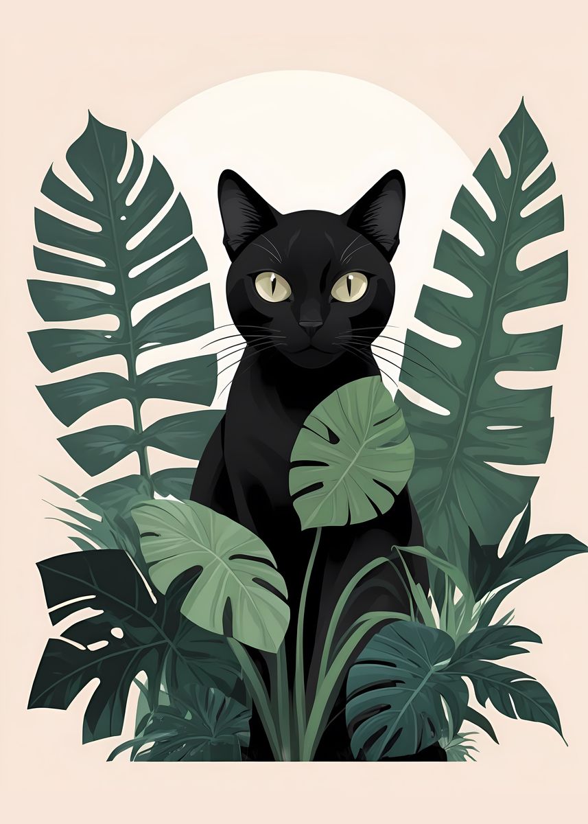 'A Cat Merges with Monstera' Poster, picture, metal print, paint by ...